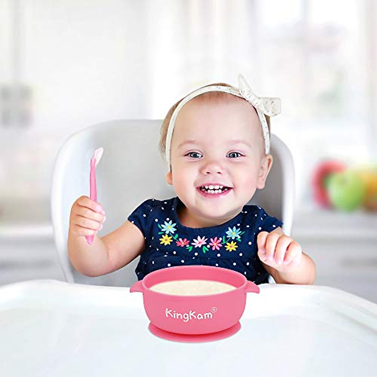 KingKam 2 Pack Baby Bowls with Suction, Silicone Stay up Baby Bowl for Kids and Toddlers, Silicone Bowls and Spoons for Baby Toddler Bowls, Baby Feeding Bowls Set - Pink/Purple