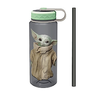 Zak Designs Star Wars The Mandalorian Durable Plastic Water Bottle - Rugged Sports Bottle with Carry Strap and Wide Chug Opening Includes Reusable Straw (36 oz, Grogu/Baby Yoda/The Child)