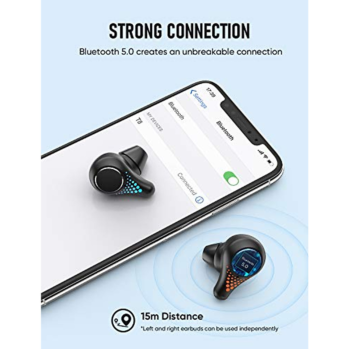 VEENAX T8 True Wireless Earbuds, Bluetooth Earphones Touch Control, TWS Sport Headphones with Mic CVC 8.0 Noise Reduction, Stereo in-Ear Headset with Bass, 30H Playtime/USB-C/IPX7 Waterproof, Black