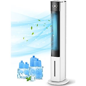 Evaporative Air Cooler, 70° Oscillating Cooling Fan for Room, LifePlus 42-Inch Bladeless Air Cooler with 1.32 Gal Water Tank, 4 Ice Packs, 12H Timer