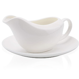 Yesland Gravy Sauce Boat with Saucer Stand -13.5 Oz Fine White Ceramic Gravy Boat for Dining, Holiday Meals & Parties