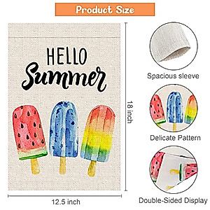 Roberly Hello Summer Garden Flag Double Sided Popsicles Ice Cream Red Blue Rainbow Vertical Banner for Outdoor Yard Summer Decorations Gifts(12.5" x 18")