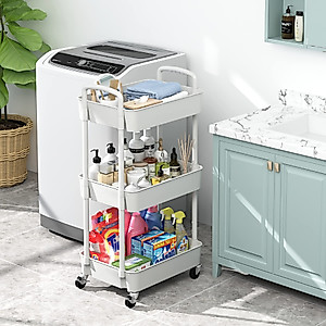 Sywhitta 3-Tier Plastic Rolling Utility Cart with Handle, Multi-Functional Storage Trolley for Office, Living Room, Kitchen, Movable Storage Organizer with Wheels, White