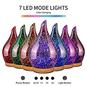 Porseme 280ml Essential Oil Diffuser, 3D Glass Aromatherapy Diffusor, Ultrasonic Cool Mist BPA Free Aroma Humidifier with Timer and Color Changing Function, Waterless Shut-Off for Home Office Room