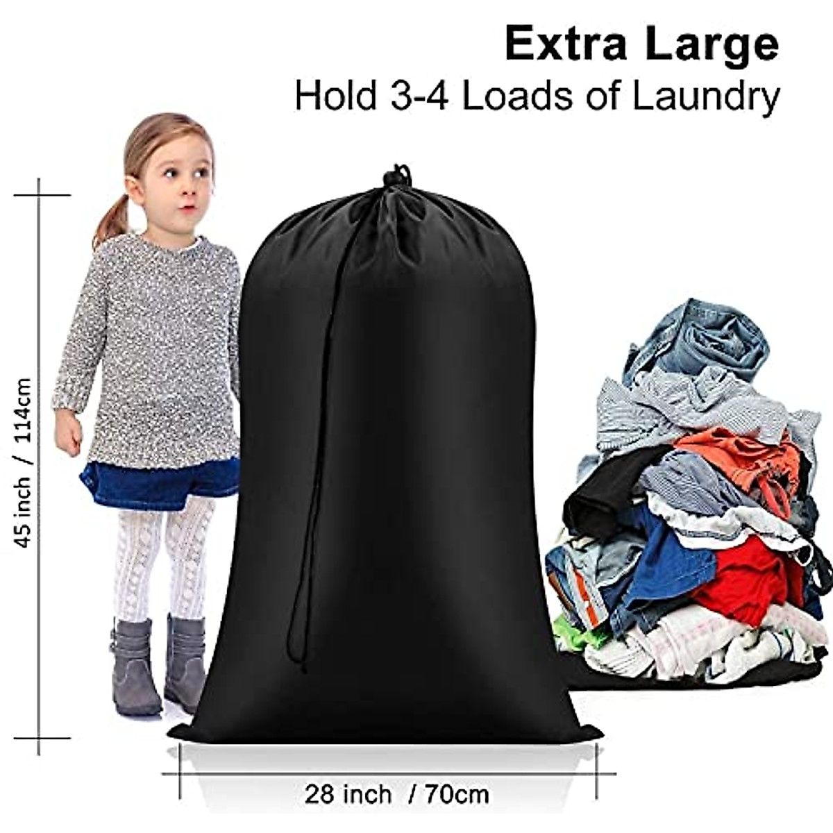 Luminesk Extra Large Laundry Bags 2 Pack 28'' x 45'' Heavy Duty XL Organizer Bag Fit Laundry Hamper Basket College Travel Dorm Tear Resistant Drawstring Dirty Cloth Storage, Three Loads of Clothes Black