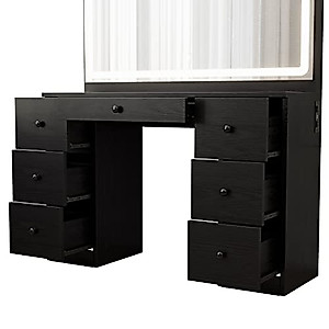 IRONCK Vanity Desk Set with LED Lighted Mirror & Power Outlet, 7 Drawers Makeup Vanities Dressing Table with Stool, for Bedroom, Black