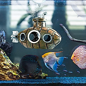 Floating Fish Tank Decoration, Little Cute Retro Submarine Aquarium Decoration with Two Float Balls , Resinous Fish Tank Accessorie, Safe Fish Toy for Betta Cichlid Goldfish Shrimps Hermit Crabs