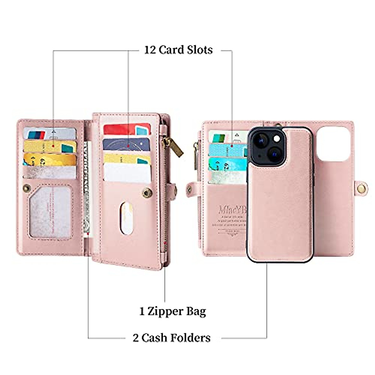MInCYB Wallet Case Compatible with iPhone 13, Zipper Case with RFID Blocking Card Holder Slots, Magnetic Detachable Leather Flip Folio Cover. Crossbody Phone Case of iPhone 13. Pink