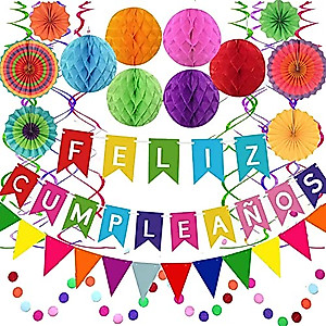Feliz Cumpleanos Mexican Fiesta Spanish Themed Banner Paper Fans Backdrops Decorations Supplies With Colorful Paper Flowers Flag Bunting Confetti Swirl Streamers Honeycomb Ball For Birthday Party For Adults Women, Men, Girls & Boys.