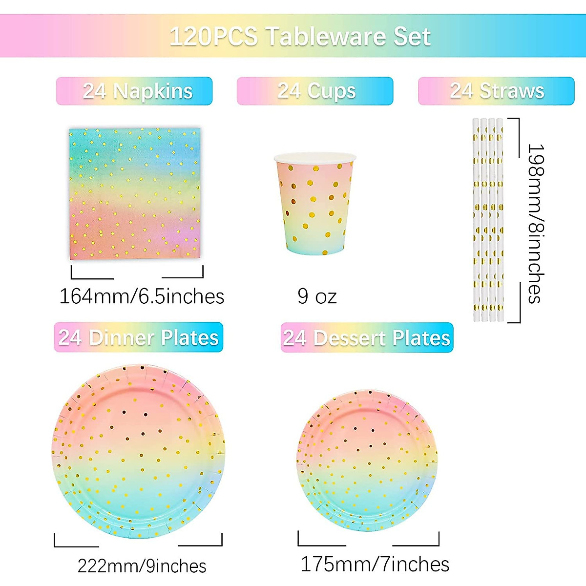 Hovico 120 Pieces Gold Polka Dot Party Plates with Paper Plates, Napkins, 9 Ounce Cups, Birthday, Graduation, Cocktail Party(Blue&Pink&Gold)