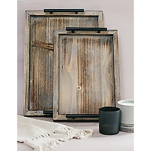 Decorative Ottoman Serving Tray Wooden Rustic (Set of 2) | Black Sleek Metal Handles | 4 Matching Coasters | Coffee Table Decor | Serving Kitchen Platter | Summit Living | For All Occasions