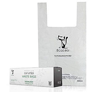Cat Litter Waste Poop Bags - X-Large, Compostable, Plastic-free, Thick, Leak Proof, Pet/Dog Poo Bags with Easy-Tie Handles,10.5 x 18.5 inch, White, EcoLeo