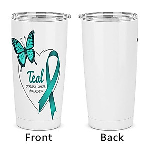 Teal Ribbon Butterfly Heart Ovarian Awareness 20 OZ Stainless Steel Tumbler Travel Car Coffee Mug with Straw Lid Cleaning Brush Coffee Tumbler Mug for Women Men