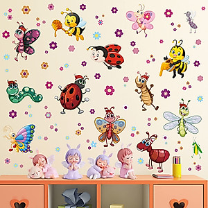 Cartoon Insect Wall Sticker DIY Removable Little Bee Flower Butterfly Ant Snake Ladybug Dragonfly Praying Mantis Peel and Stick Wall Decal Decor for Kids Baby Boys Bedroom Playroom Nursery Classroom