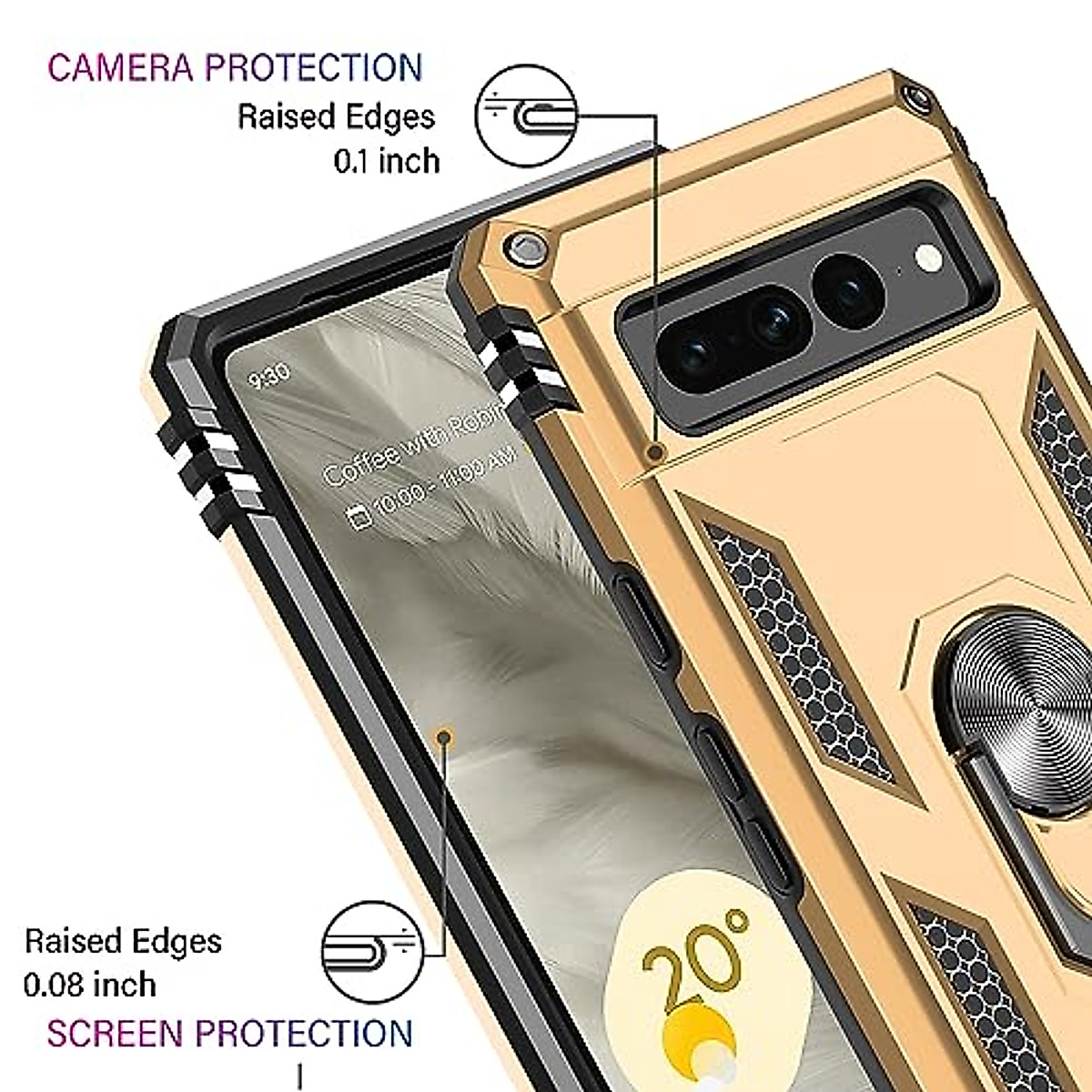 IKAZZ Suitable for Google Pixel 7 Pro Case,Military Grade Shockproof Heavy Duty Protective Phone Cover Pass 16ft Drop Test with Magnetic Kickstand Car Mount Holder Gold
