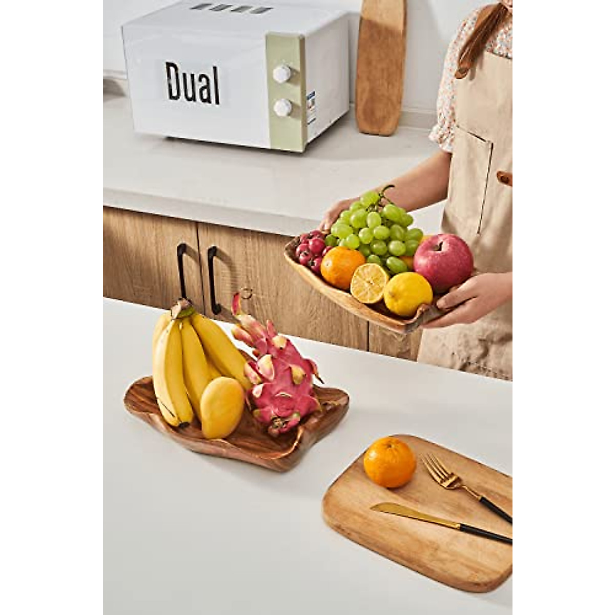 Wavy Live Edge Wooden Bowls for Decor+Wood Beads Garland, Handmade Key Bowl For Entryway Table Decor, Wood Bowls Decorative Wooden Fruit Bowl, Hand Carved Root Centerpiece Display Potpourri Wood Bowl