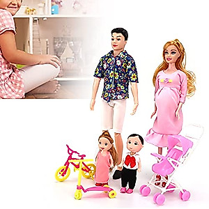 Vakitar Family Dolls Set of Dad Pregnant Mom Girl Boy Children Role Play House Toy Gift,for Home (Printed Blue T+Pregnant Powder)