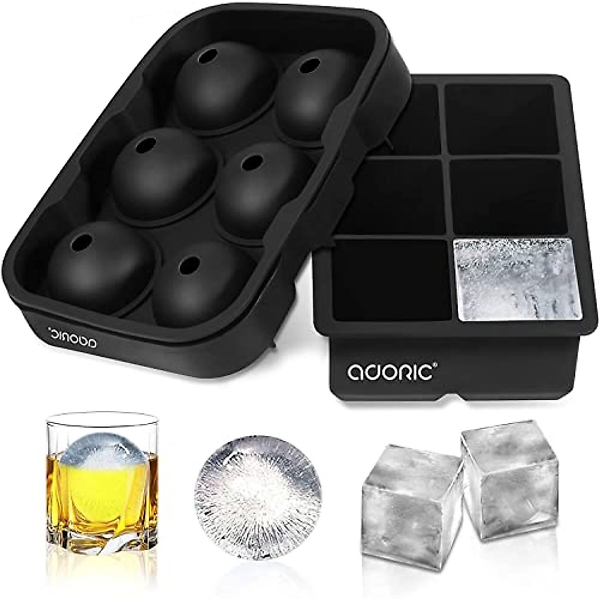 Ice Cube Tray, Large Square Ice Tray and Sphere Ice Ball Maker with Lid for Whiskey, Reusable and BPA Free (Silicone Ice Cube Molds Set of 2)