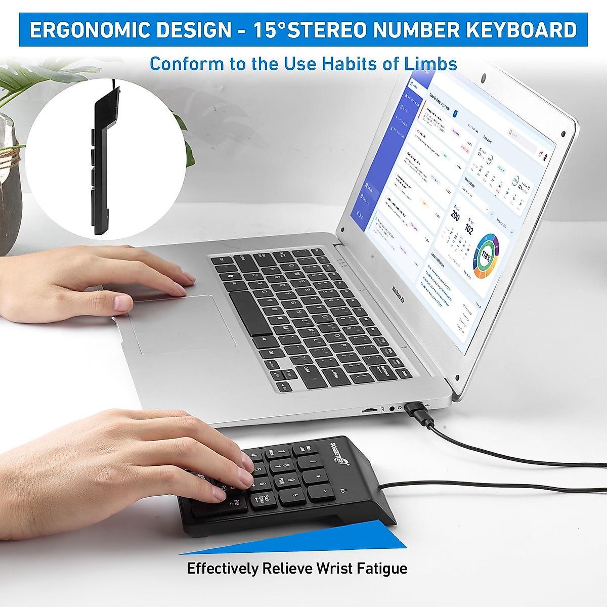 Huifen Type C Number Pad, USB Numeric Keypad 19 Keys Plug & Play Financial Accounting Numpad Office Home Portable Mini Keypad Slim Number Keyboard for Laptop Phone PC Tablet Notebook (Black)