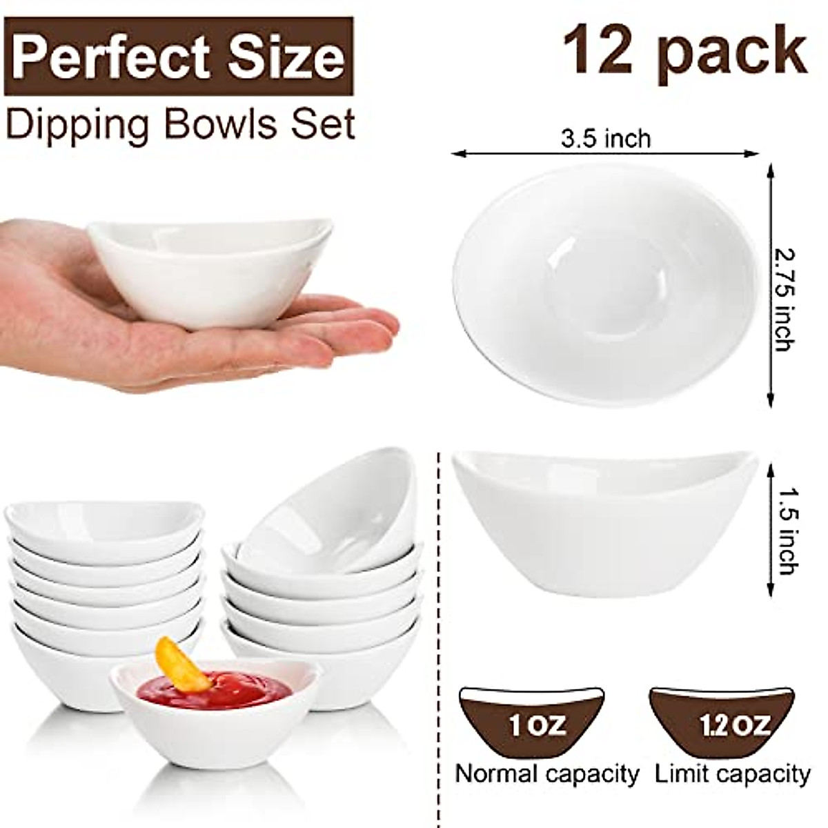 Yesland 12 Pack Dipping Bowls Set, 1 Oz White Porcelain Dipping Sauce Dishes & Bowls for Soy Ketchup, Sauce, Seasoning or BBQ Sauce
