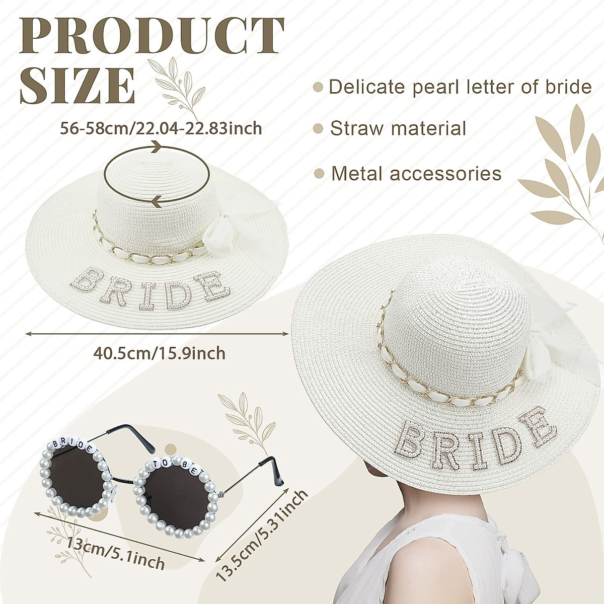 Chunful 3 Pcs Bride Tote Bag Sun Hat Glasses Set Bachelorette Gifts for Bride Jute Burlap Bag with Handles for Honeymoon(White)