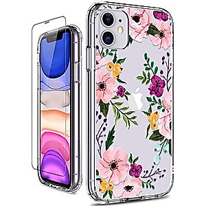 GiiKa iPhone 11 Case with Screen Protector, Clear Heavy Duty Protective Case Floral Girls Women Shockproof Hard PC Back Case with Slim TPU Bumper Cover Phone Case for iPhone 11, Small Flowers