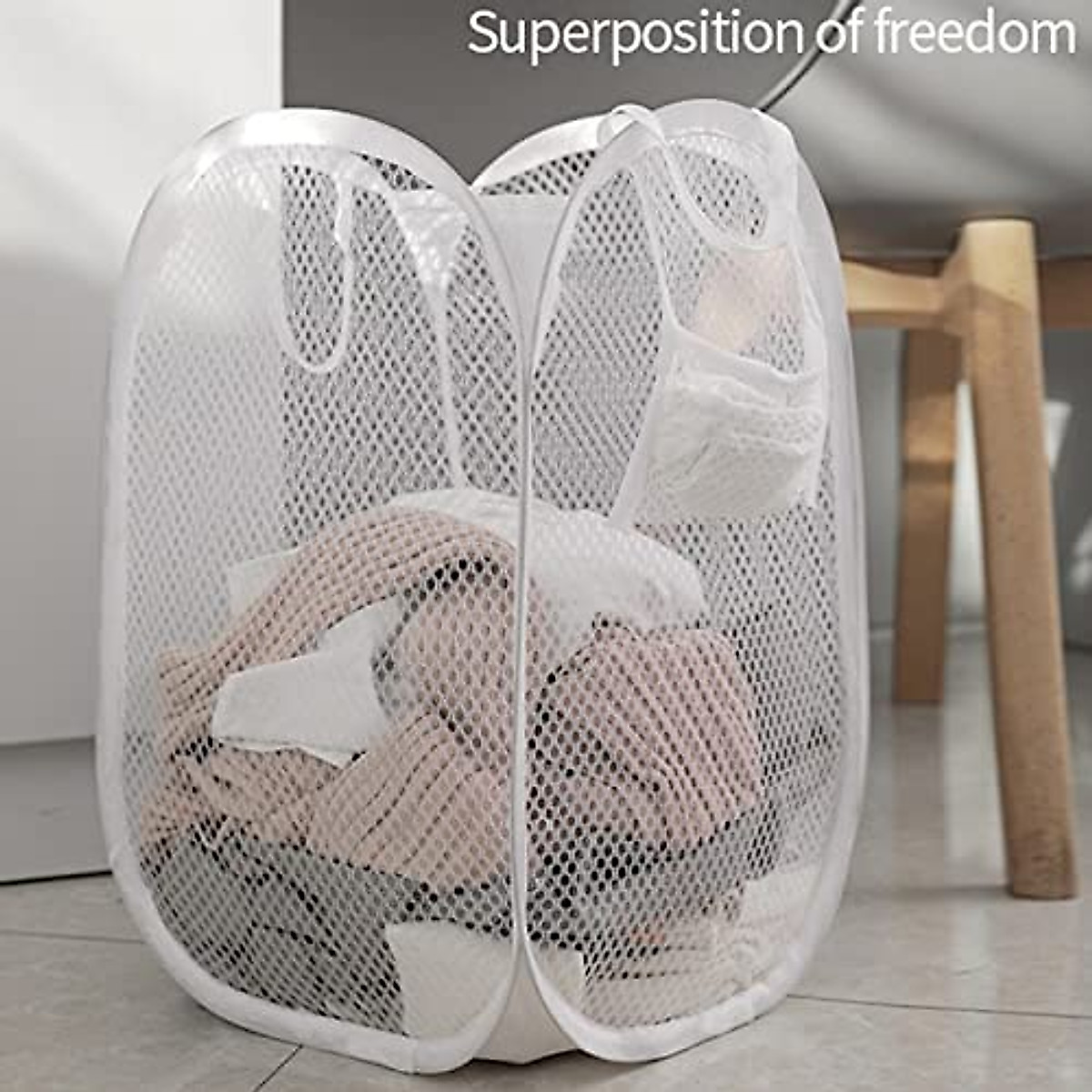 Popup Laundry Hamper with Handle, Foldable Large Capacity Mesh Laundry Hamper Home Supplies White