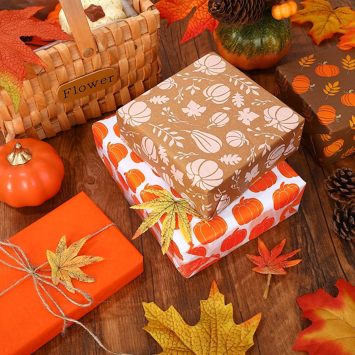 Whaline 160 Sheets Fall Tissue Paper Folded Flat Pumpkin Wrapping Paper Thanksgiving Gift Wrapping Tissue Paper Rustic Art Paper Crafts for Home DIY Gift Bags Party Favor Autumn Decor, 14 x 20inch