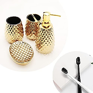 Ceramic Bathroom Accessories Set 4 Piece Contain Toothbrush Holder, Tumbler, Soap Dispenser, Soap Dish, Accessories para baño for Restroom Apartment Bathroom Decor Stuff and Gift Set （Gold）