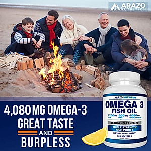 Arazo Nutrition Omega 3 Fish Oil 4,080mg - High EPA 1200mg + DHA 900mg Triple Strength Burpless Softgels (120 Soft Gels)