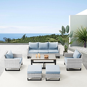 Belord 6 Piece Outdoor Furniture Patio Wicker Sofa Set, Oversize Outdoor Dining Chairs with Rattan Ottomans, Conversation Sets Patio Furniture Come with Removable Cushion Baby Blue, Light Grey