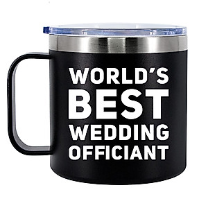 Panvola World's Best Wedding Officiant From Bride Groom Anniversary Souvenir Pastor Minister Insulated Coffee Cup 14oz With Handle And Lid 304 Stainless Steel Camping Travel Thermal Mugs - Black