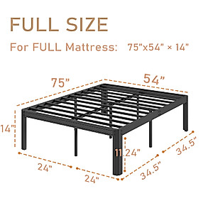 Hunlostten 14 in High Heavy Duty Full Size Bed Frame No Box Spring Needed, Reinforced Metal Bed Frame Full Platform, Rounded Edge, Surdy Steels, Easy Assembly