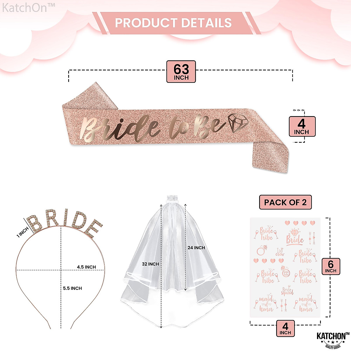 KatchOn, Rose Gold Bride to be Sash Set - Pack of 5 | Bachelorette Sash, Tiara, Veil for Bachelorette Party Decorations | Bachelorette Party Sashes | Bride Tribe Tattoos | Bridal Shower Decorations