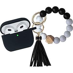 Wonjury Case for Airpods 3 (Not Fit Pro), Silicone Beaded Wristlet Apple Airpod 3 Cover for Girl Women, Skin for 2021 Apple Air Pod 3 Wireless Charging Case with Bracelet Keychain - Black