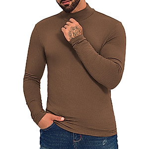 ZAFUL Mens Long Sleeve Turtleneck Undershirt Casual Knit Pullover Thermal Sweater Shirts Ribbed Tee for Fall Winter Brown L