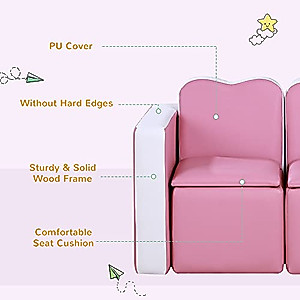 Qaba Kids Sofa Set 2-in-1 Multi-Functional Toddler Table Chair Set 2 Seat Couch Storage Box Soft Sturdy Pink