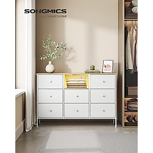 SONGMICS Dresser with Power Outlets and LED Lights, Fabric Chest of Drawers, 25 Colors, 8 Drawers, TV Stand for up to 60 Inch TVs, 11.8 x 47.2 x 31.3 Inches, Cloud White and Oak Beige ULTS518W01