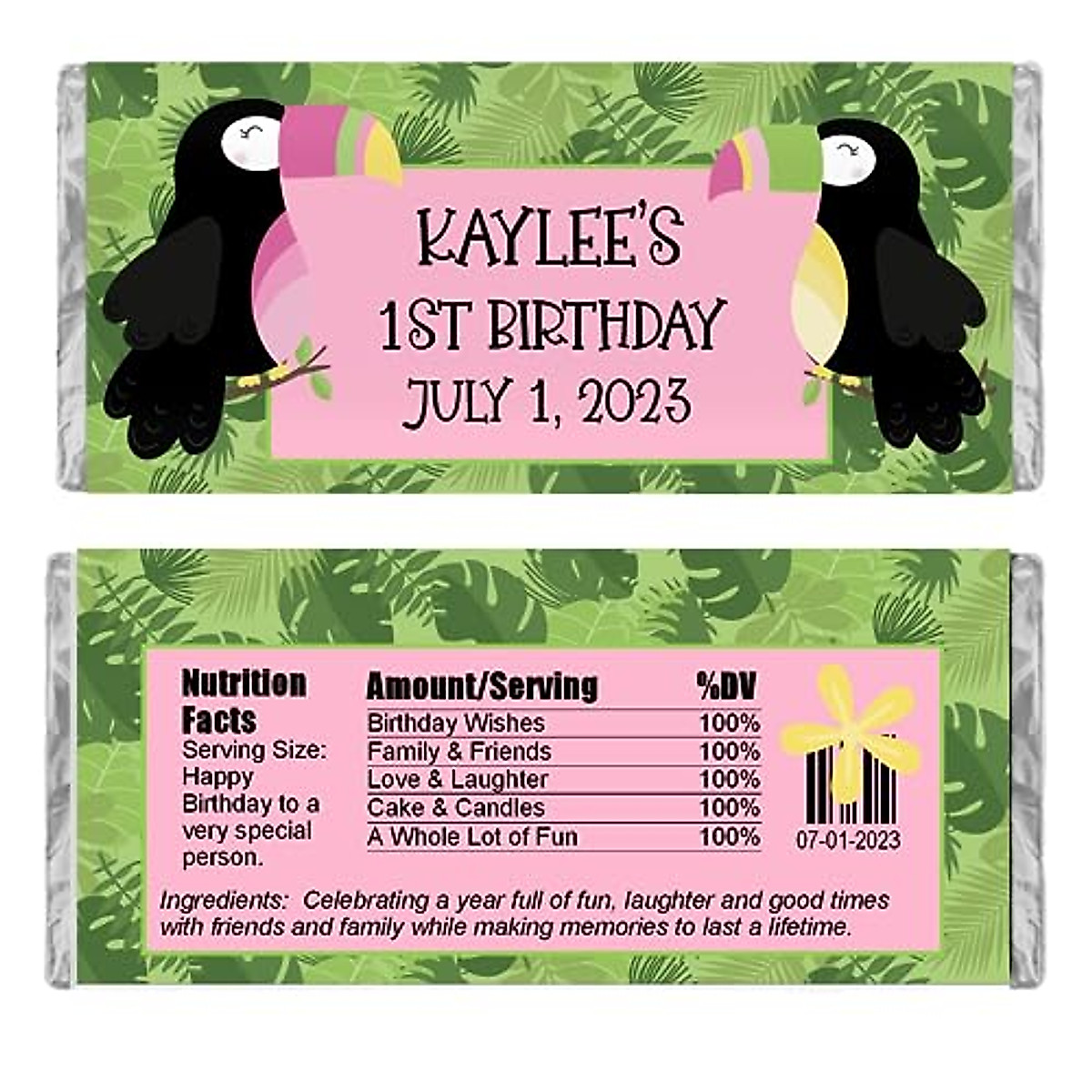 Toucan Personalized Candy Wrappers for Chocolate, Tropical Birthday Party Favors, Pack of 20 Custom Hershey Bar Labels