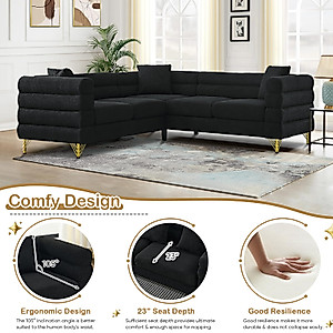 Comfy Boucle L Shaped Sofa, 81.5" Oversized Sectional Couch with Deep Seated Design, Upholstered Corner Sofa Couch with 3 Pillows, Modern Couches for Living Room, Apartment, Waiting Room, Black Teddy