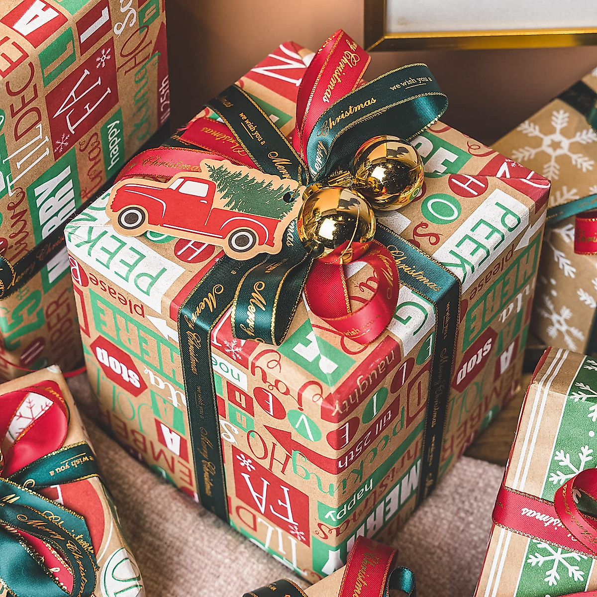 RUSPEPA Christmas Wrapping Paper, Kraft Paper - Snowflakes, Red and Green Stripe and Christmas Greetings - 4 Rolls - 30 inches x 10 feet per Roll