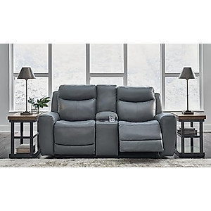 Signature Design by Ashley Mindanao Modern Leather Match Upholstered Power Reclining Loveseat with Console, USB Ports and Cup Holders, Gray