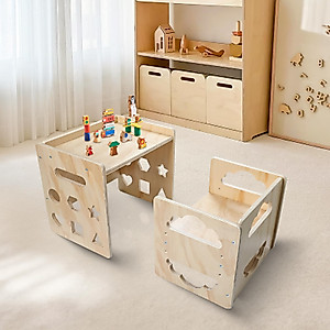 Montessori Weaning Table and Chair Set, Wooden Toddler Table and Chair Set Kids Activity Table Step Stools with Blackboard & 3 Heights Adjustable, 1-3 Age Kids Funiture for Eating Drawing Reading