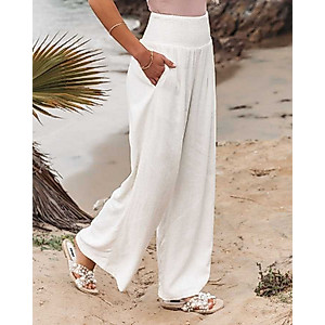 GLIENST Womens Cotton Linen Pants Elastic High Waist Wide Leg Palazzo Lounge Smocked Casual Trousers with for Ladies Pockets One Piece White XL