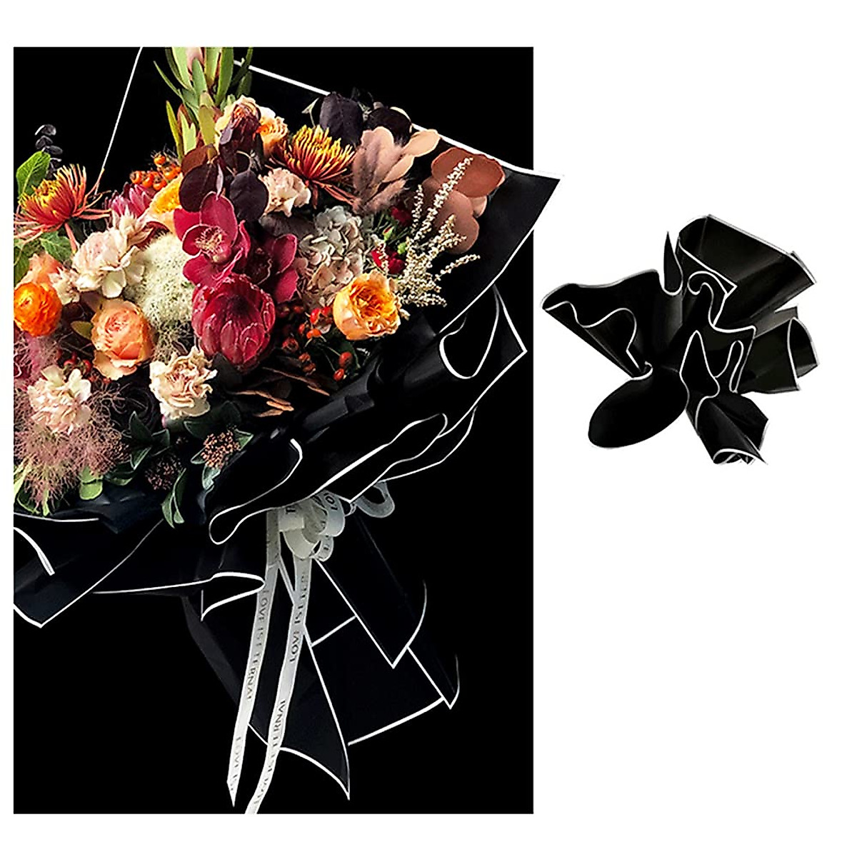 20 Counts 4 Styles Black White Waterproof Florist Bouquet Paper Packaging Paper,Fresh Flowers Wrapping Paper with Border 23"with 48 Yards 1/2"Fabric Ribbons,Gift Packaging for Birthday Holiday Wedding