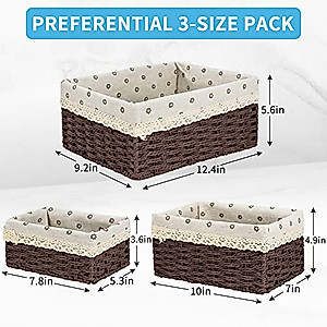 Storage Baskets for Shelves, Handmade Imitation Wicker Storage Baskets Set of 3 Stackable Woven Baskets for Storage with Removable Cotton Liner for Toilet Countertop Bedroom Livingroom Office Rectangle Decorative Storage Bins (Brown