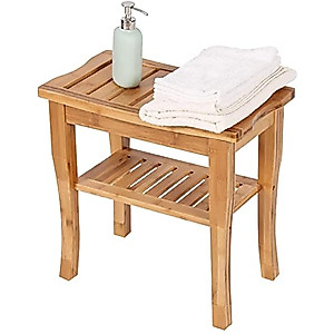 Sangsan Bamboo Shower Stool Shower Bench - Shower Bath Seat 2-Tier Spa Stool Foot Rest with Storage Shelf and Non-Slip Feet, Organizer for Bathroom Indoor & Outdoor, Natural
