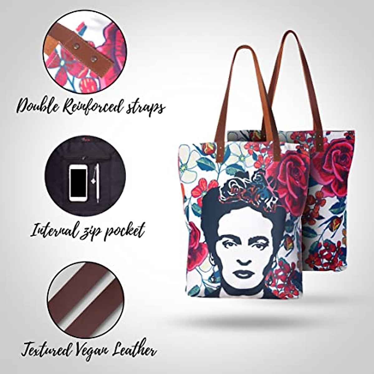 Akitai Frida Kahlo Inspired White Portrait Buenos Aires Mural Floral Tote Bag Relaxed - Shoulder - Great For Shopping, Travelling, and Days Out – Boho - Handbag - Art Bag in the Image of Frida Kahlo