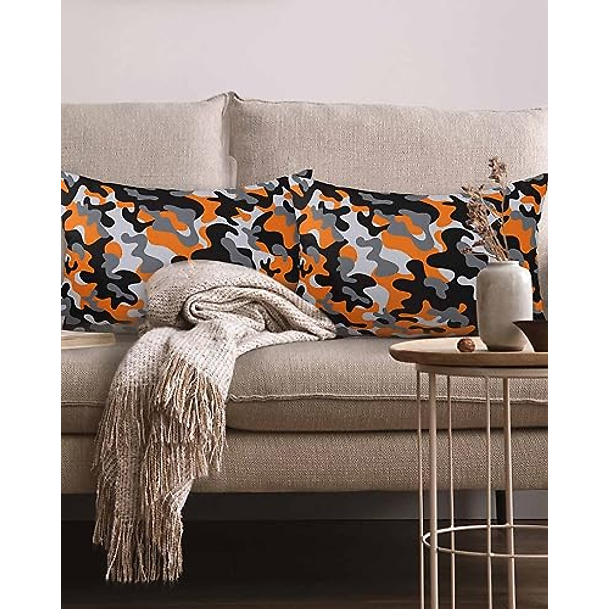 LUSWEET Cotton Throw Pillow Covers Reversible Set of 2, Camo Soft Couch Pillow Covers for Sofa Bedroom Living Room 12 x 20 Inch Decorative Cushion Case Home Decor