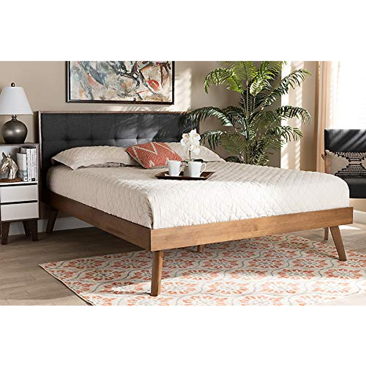 Wholesale Interiors Baxton Studio Alke Mid-Century Modern Dark Grey Fabric Upholstered Walnut Brown Finished Wood King Size Platform Bed